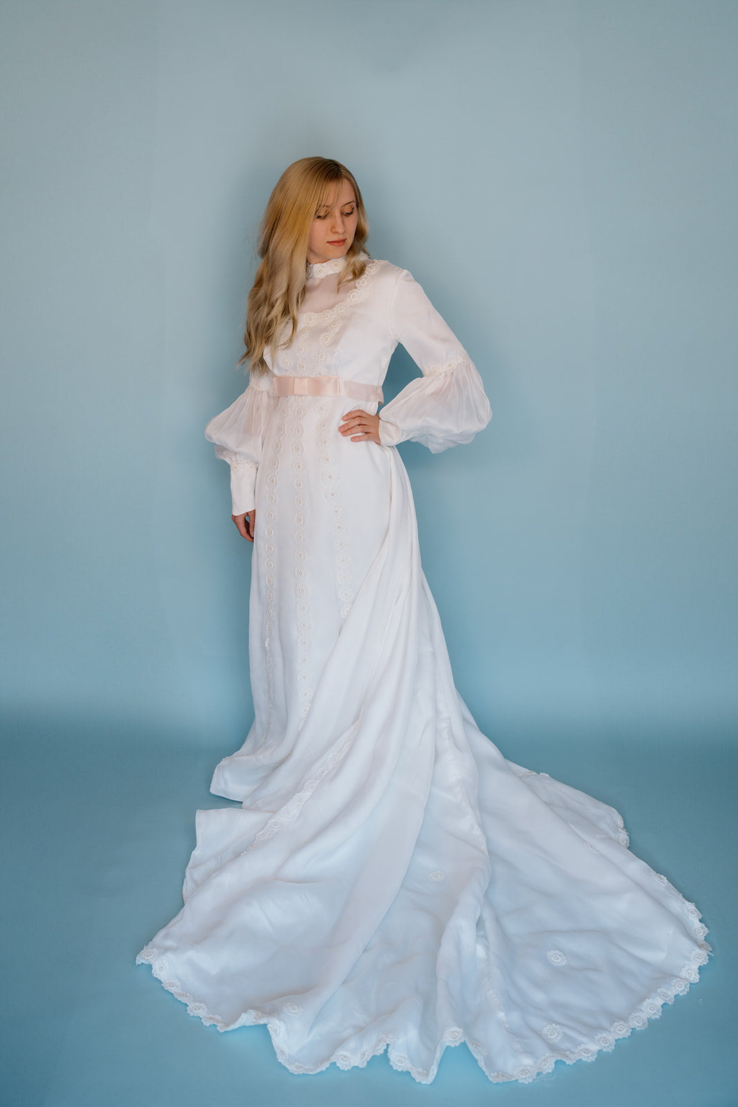 Linda: 1971 Wedding Dress with Daisies + Pink Ribbon – Atlas & Ember ...